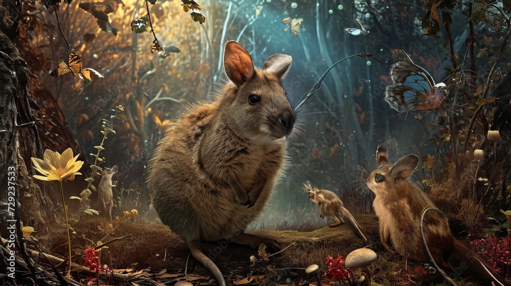 Broad-faced potoroo in a mythical woodland setting, surrounded by ...