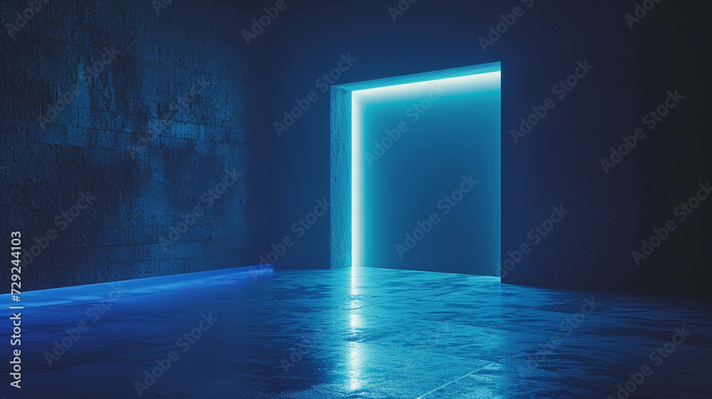 Minimalist stage design, a blue rectangle with light piercing through ...