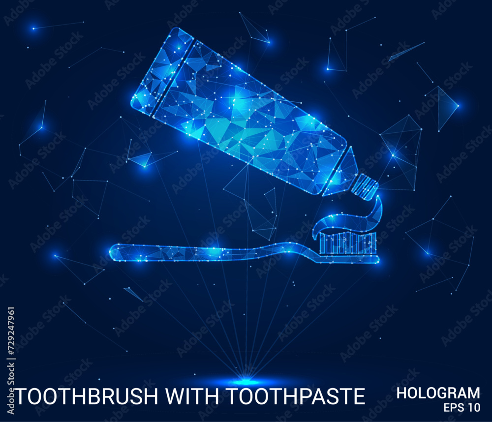 Hologram teeth cleaning. A toothpaste and brush made of polygons ...