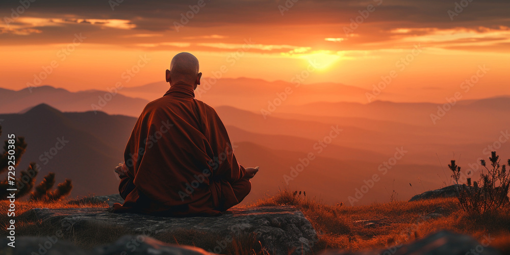 Bald senior buddhist monk sitting on a top of mountain in lotus pose ...