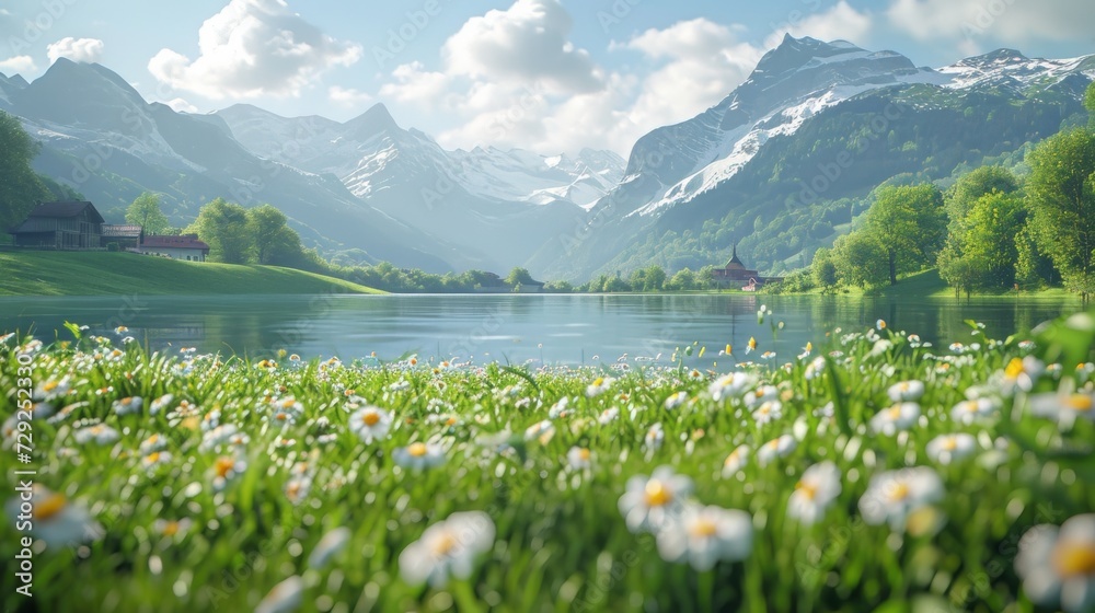 Idyllic Swiss lakeshore scene showcasing lush meadows meeting the ...