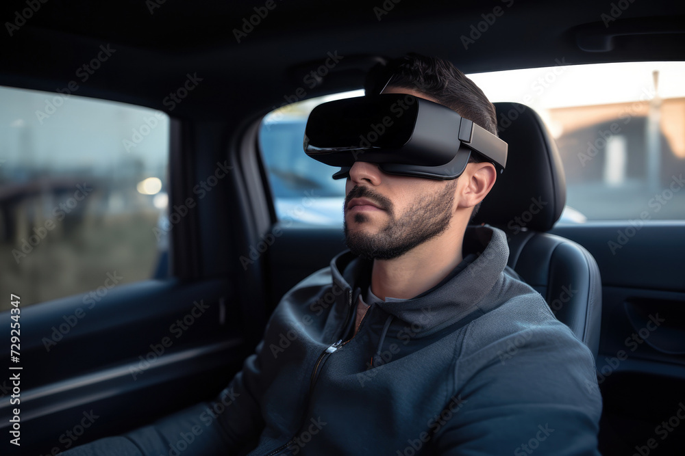 Modern man young adult using vision reality headset in taxi ow while ...