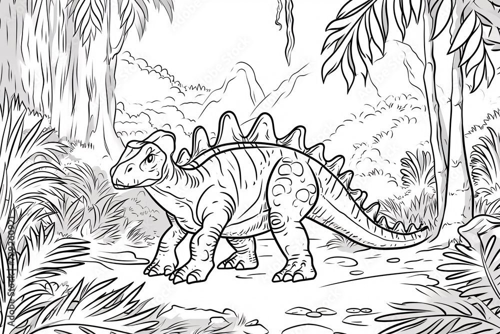 Nodosaurus Dinosaur Black White Linear Doodles Line Art Coloring Page ...