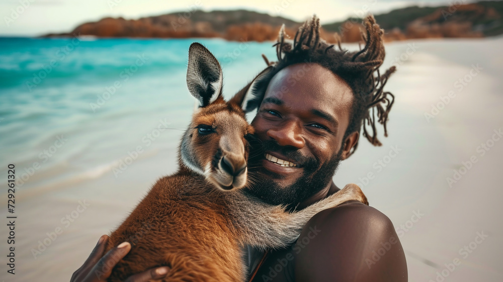 Australian aboriginal man hugging Kangaroo. Stock Photo | Adobe Stock