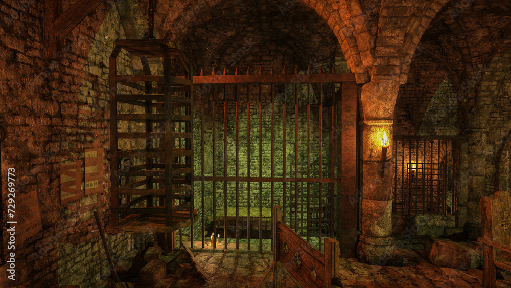 Ancient medieval fantasy dungeon prison cell with black iron bars. 3D ...