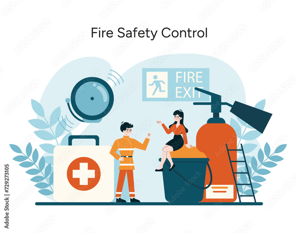 Fire Safety Control vector. Workers engage with fire safety equipment ...