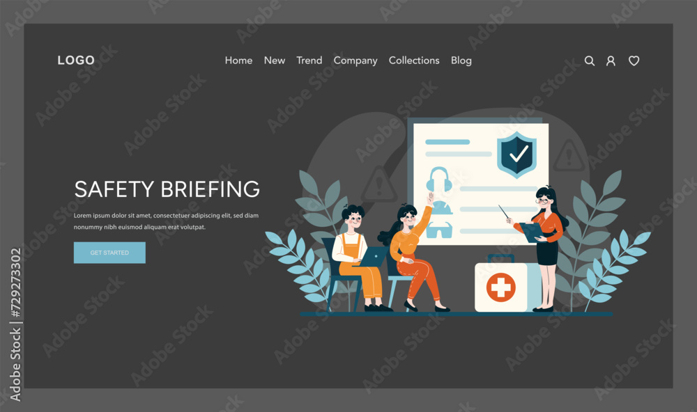 OSHA safety briefing illustration. Workers engage in hazard awareness ...