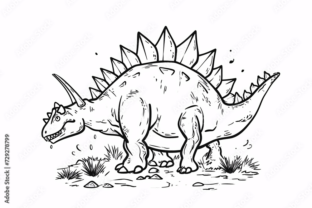 Stegosaurus Dinosaur Black White Linear Doodles Line Art Coloring Page ...