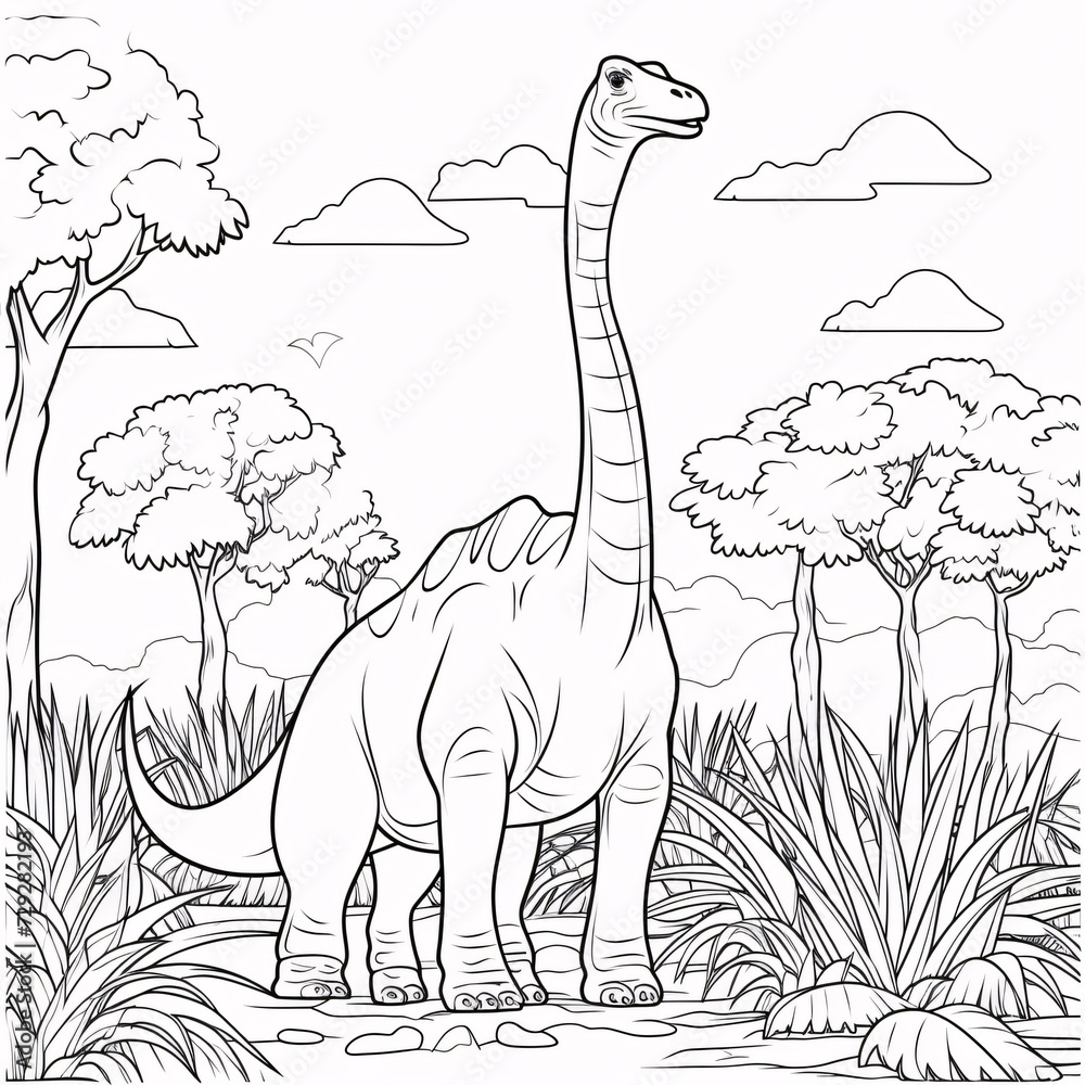 Brachiosaurus Dinosaur Black White Linear Doodles Line Art Coloring ...