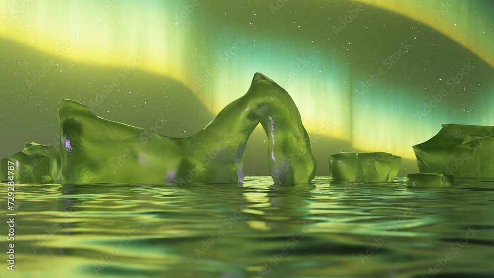 Surreal 3D animation of green aurora over melting icebergs, a stunning ...