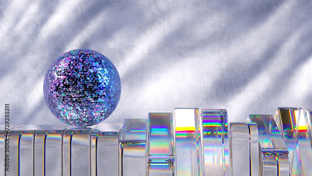 Glistening 3D animation of a disco ball sphere on a prism-like surface ...