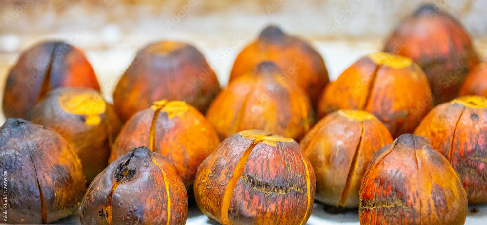 Roasted fruit of the pupunha palm (Bactris gasipaes), typical fruit of ...