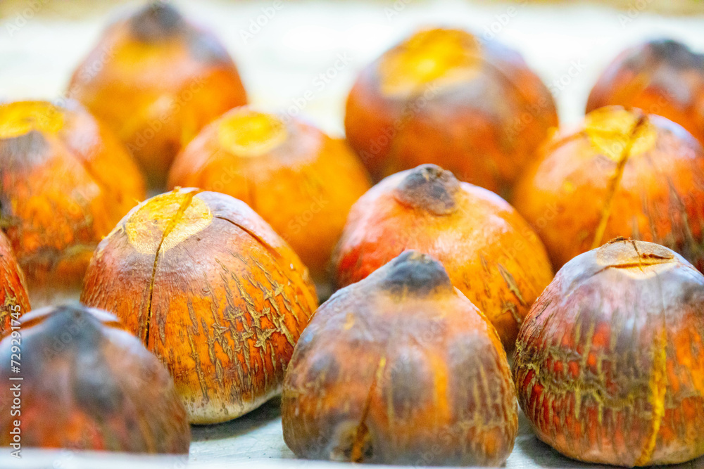Roasted fruit of the pupunha palm (Bactris gasipaes), typical fruit of ...