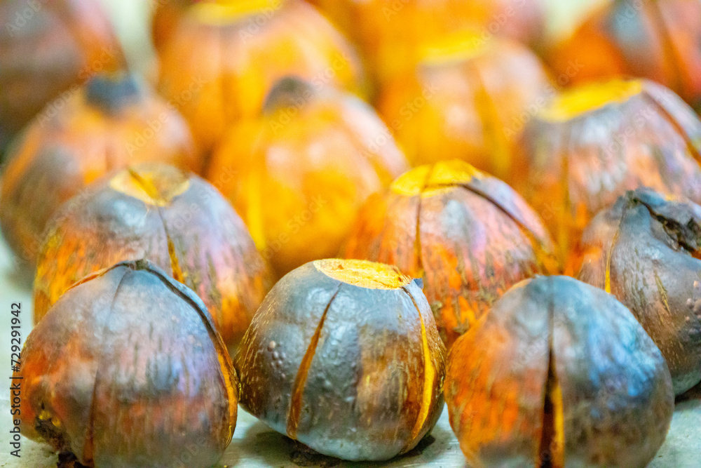 Roasted fruit of the pupunha palm (Bactris gasipaes), typical fruit of ...
