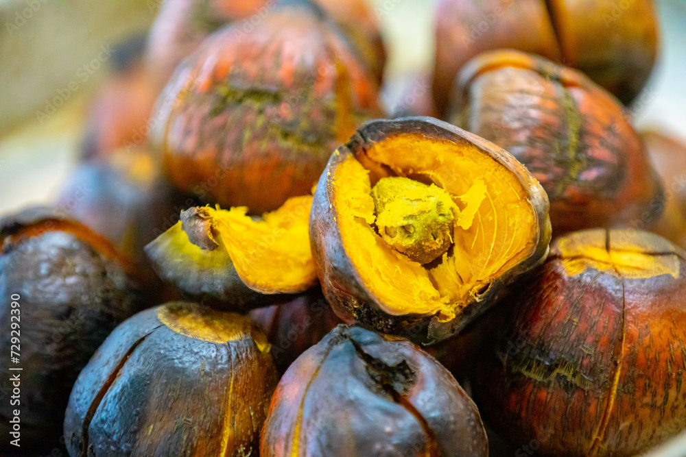 Roasted fruit of the pupunha palm (Bactris gasipaes), typical fruit of ...