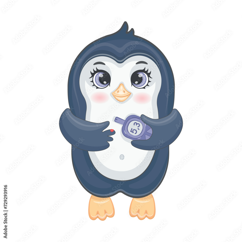 Cute little penguin with diabetes. Cartoon character with glucometer ...
