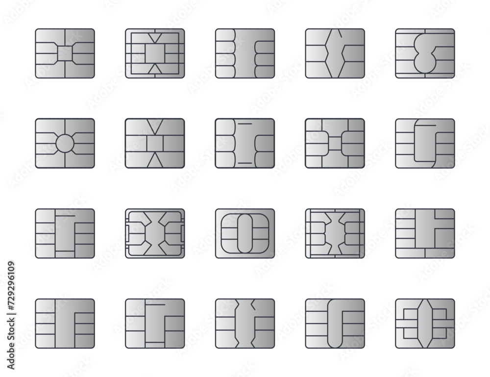 EMV chip silver vector icons. Editable stroke. Contactless payment at ...