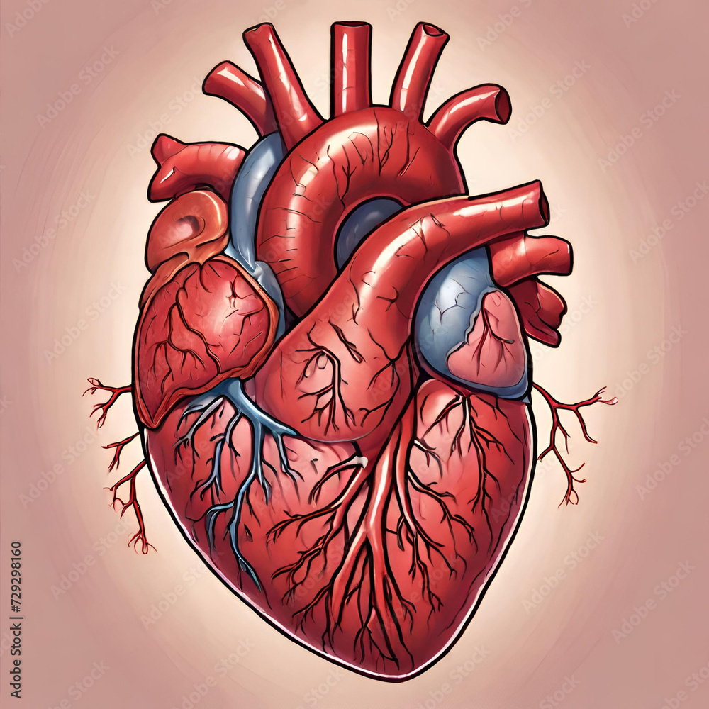 human heart. The image of a human heart with blood vessels visible is ...