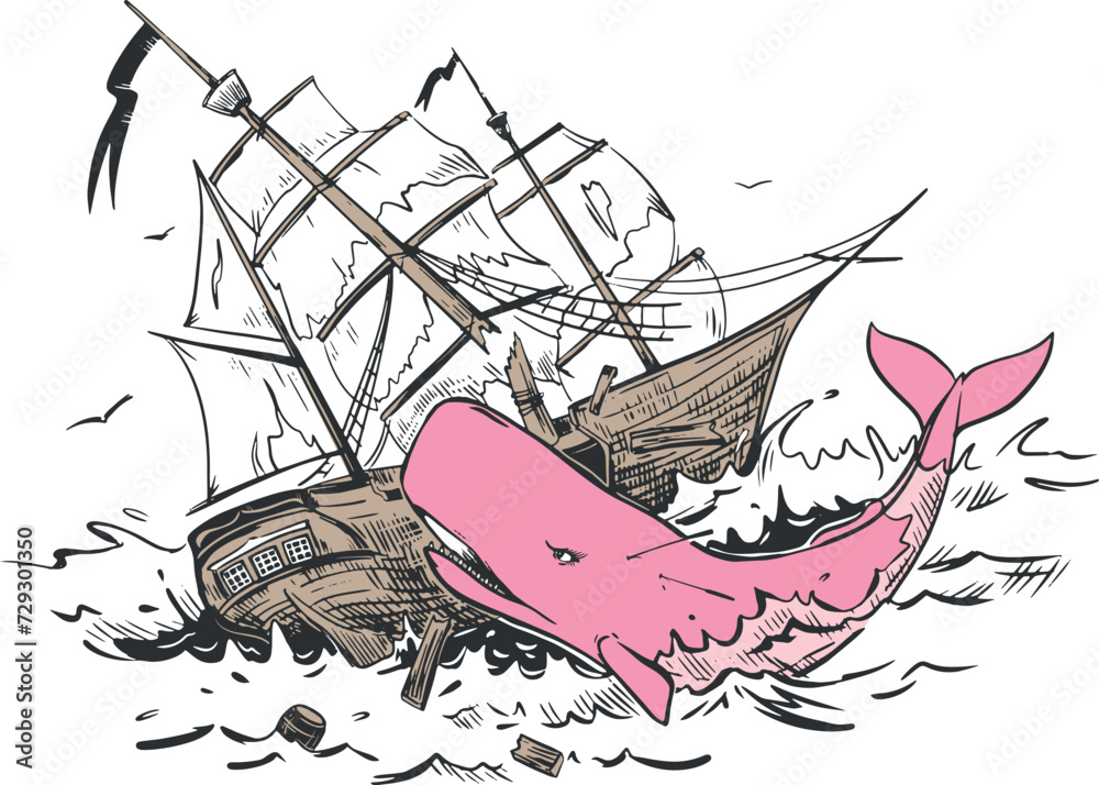 The legendary sperm whale attacks the ship. Feminism concept, female ...