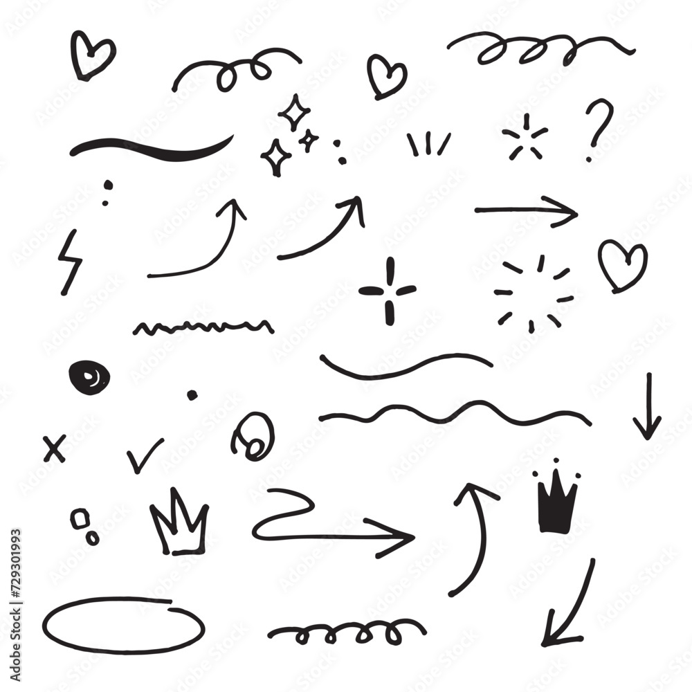 Sketch underline, emphasis, arrow shape set. Hand drawn brush stroke ...