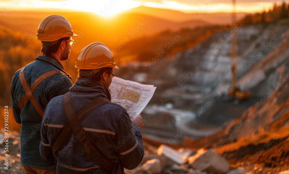 Two workers reading map in open-pit mine. Two construction workers ...