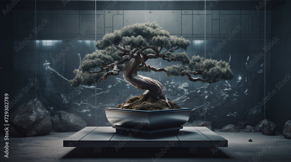 Bonsai tree in a futuristic setting with sleek and modern elements ...