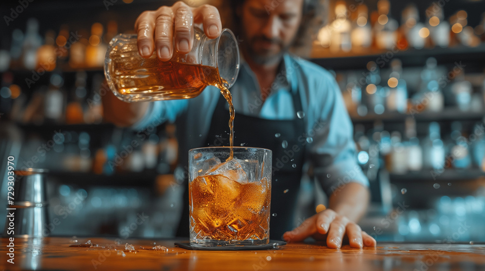 man bartender hand making negroni cocktail. Negroni classic cocktail ...