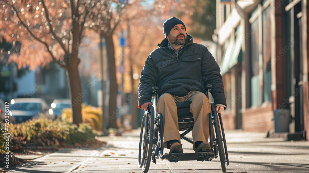 Handicapped or old adult man navigates a sidewalk in an electronic ...