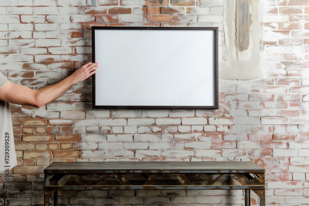 hand positions an empty frame on a brick wall above a metal console ...