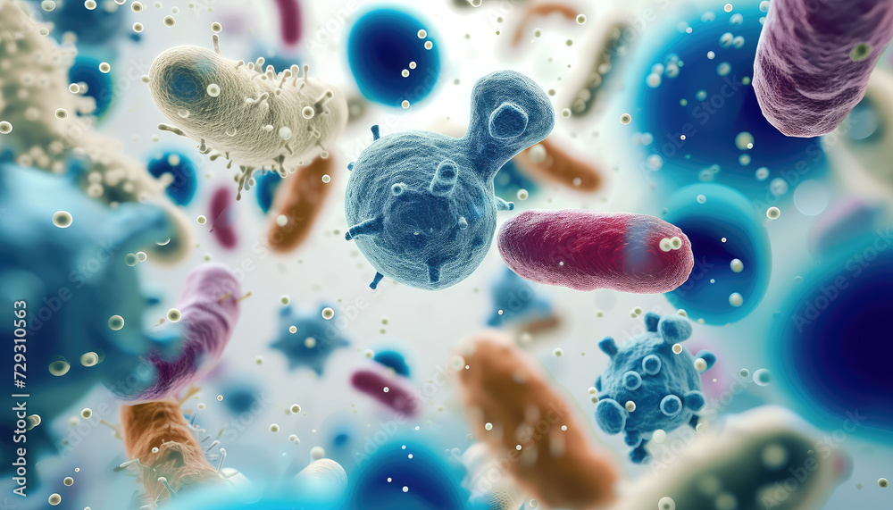 A diverse array of bacteria and viruses shown in a vivid microscopic ...