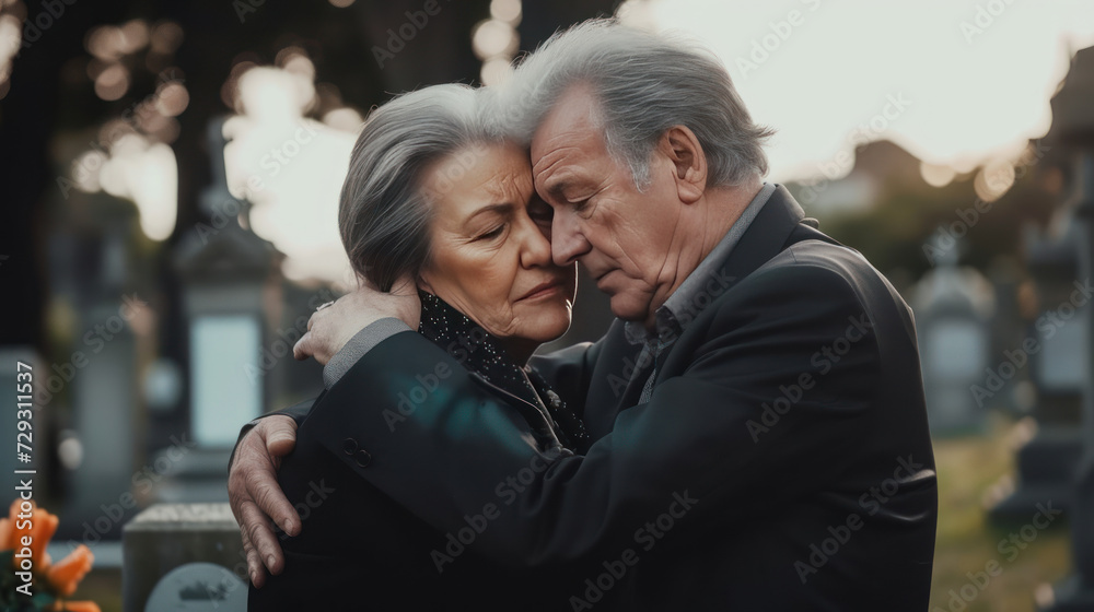 Funeral, graveyard and senior couple in cemetery for comfort, empathy and support at memorial ...