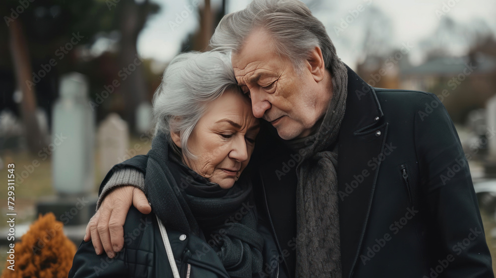 Funeral, graveyard and senior couple in cemetery for comfort, empathy ...