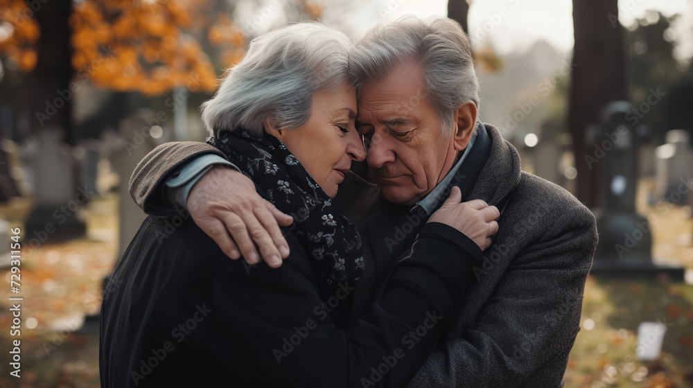 Funeral, graveyard and senior couple in cemetery for comfort, empathy and support at memorial ...