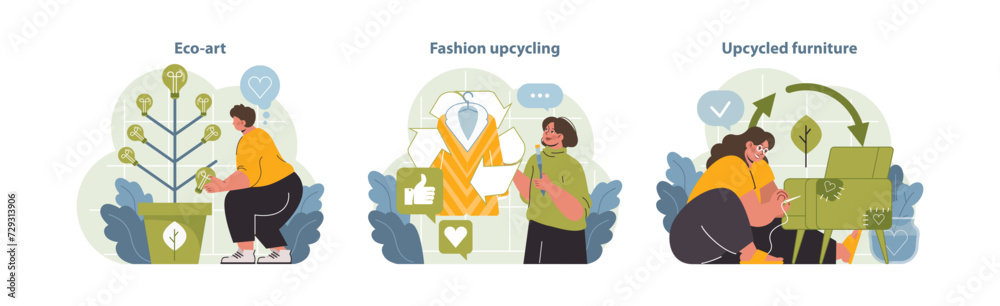Upcycling Illustration Trio. Engaging visuals showcasing eco-art ...