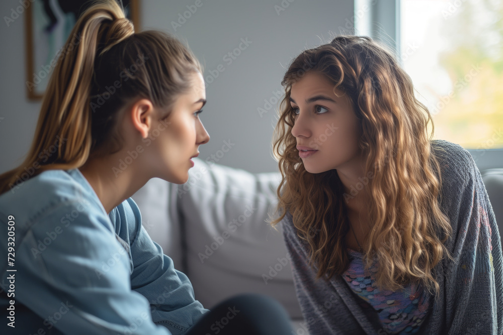 Two women engaged in a serious conversation, with one listening ...