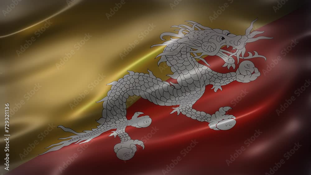 The National Flag of Kingdom of Bhutan, full frame, front view, glossy ...