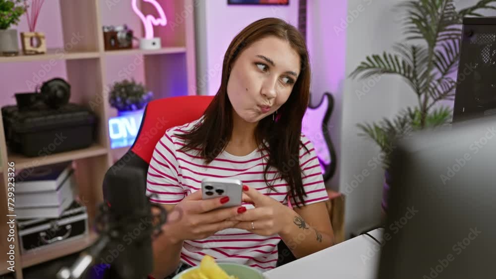 Excited young brunette girl, a gaming room champ, surprised by a smart ...