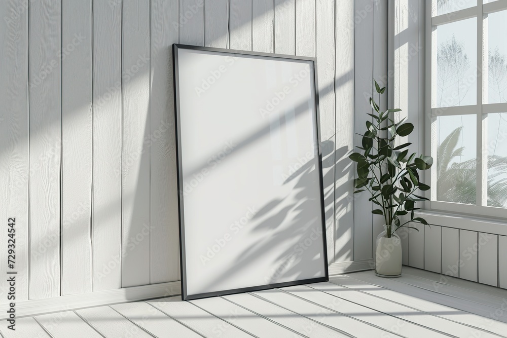 thin a3 sized frame mockup leaning against a white wooden wall ...