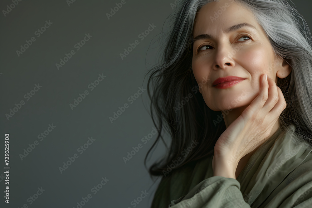 beautiful mature woman with gray long hair demonstrates well-groomed ...