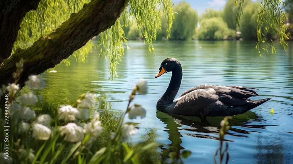 A beautiful lake view with an elegant black swan swimming through ...