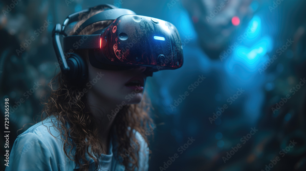 A gamer wearing VR glasses has a huge dragon staring at him, a gamer's ...