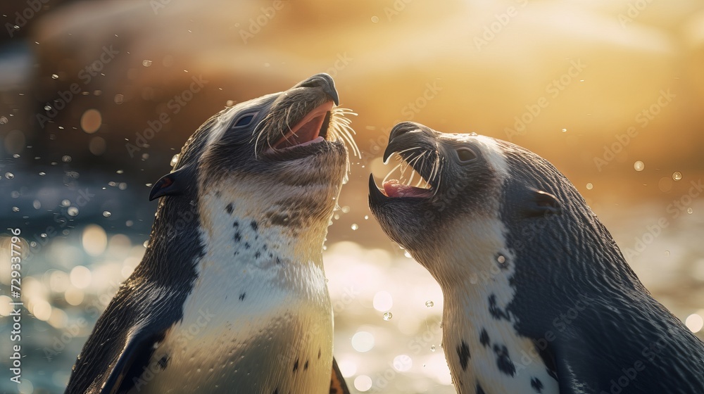Closeup of two isolated humboldt penguins in conversation with each ...