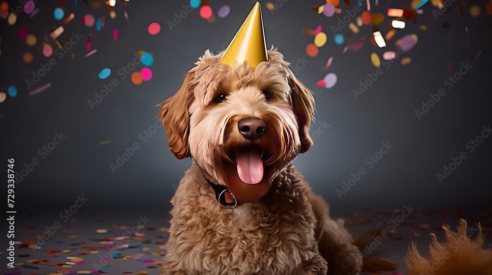 Happy cute labradoodle dog wearing a party hat celebrating at a ...