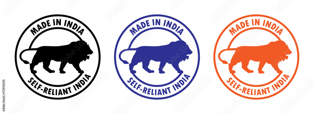 Made in India stamp icon set. Self-Reliant India in black, blue and ...