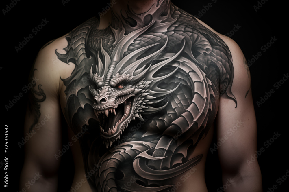 Black dragon tattoo on skin. Black dragon tattoo on chest. Men's tattoo, dragon. Dragon tattoo ...