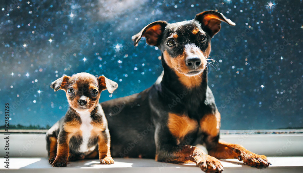 Miniature pinscher sitting on the windowsill with a puppy on a starry ...