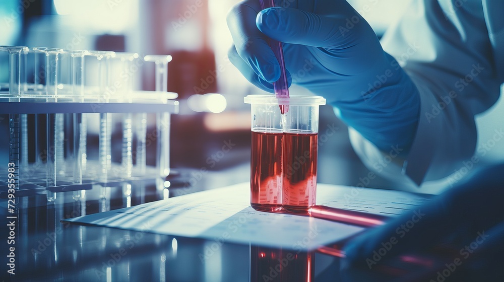 Blood test, science documents and hands in laboratory for healthcare ...