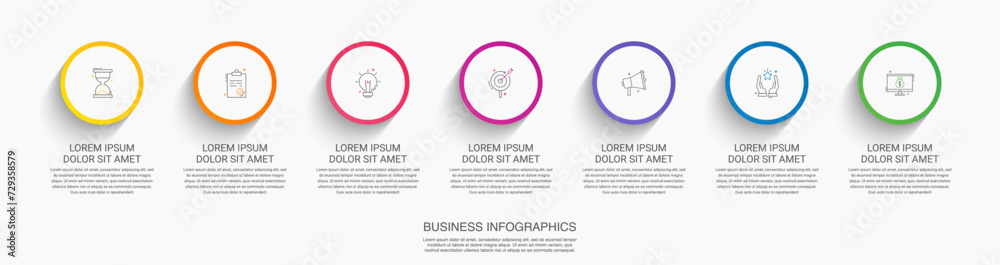 Vector timeline infographics template with 7 circles and options. Blank ...