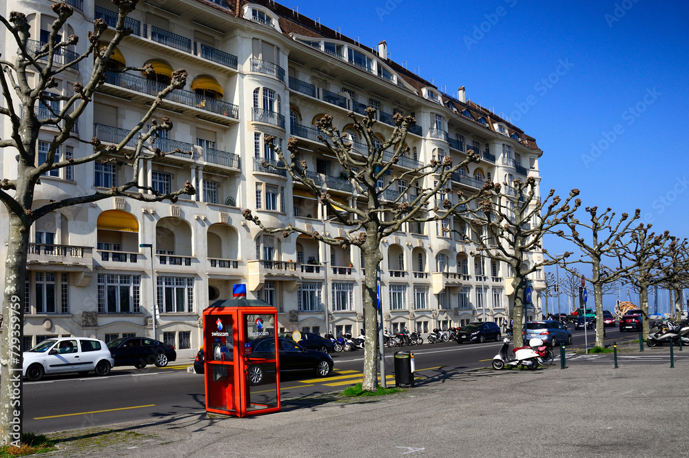 Geneva, Switzerland, Europe - Quai du Mont Blanc - street and promenade ...