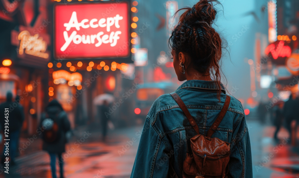 Young woman facing a vibrant cityscape, contemplating a neon sign with ...